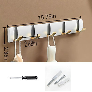 Cehold 2 Pack Foldable Stylish Hook Rack, Modern Coat Rack, Coat Rack Wall Mount, Metal Coat Hook Rail for Coat Hat Towel Purse Robes Mudroom Bathroom Entryway (White and Gold, 5 Hooks)