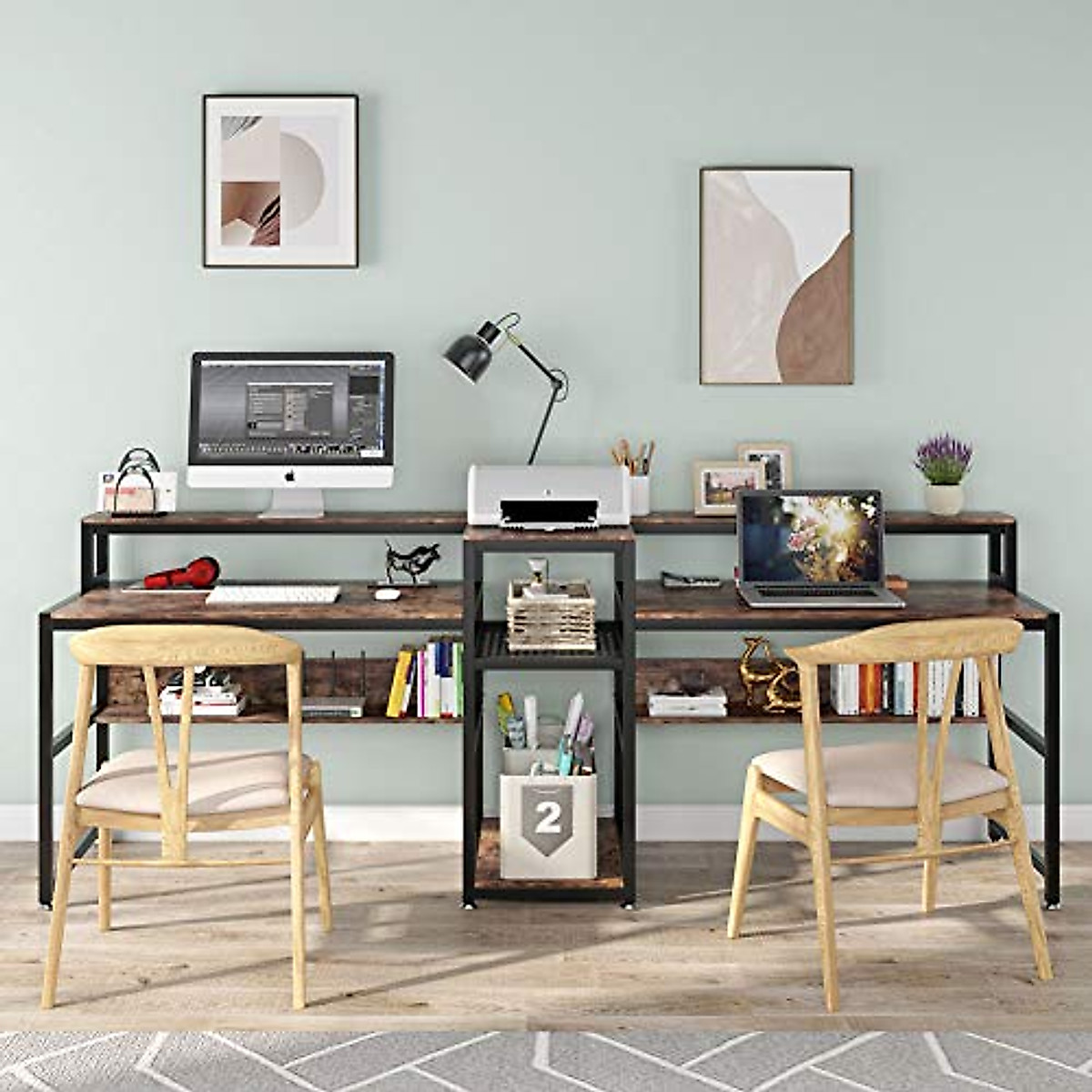 Tribesigns 94.5 inch Double Computer Desk with Storage Shelf, Extra Long Two Persons Desk with Printer Shelf, Large Office Desk Study Writing Table for Home Office (Rustic Brown)