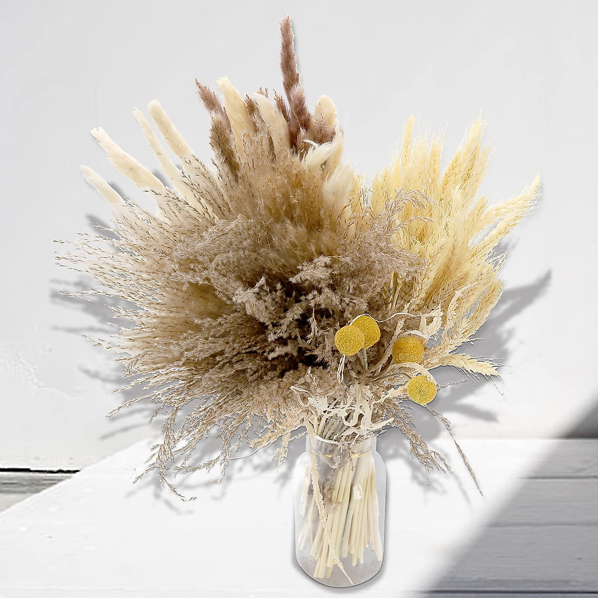 DEAYOU 65 PCS Natural Dried Pampas Grass, 17" Tall Dry Pampas Grass Branches for Boho Decor, Fluffy Pompous Reed Plants Stems Bundle for Flower Arrangements, Home Wedding Decor, 5 Styles