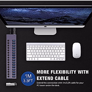 USB 3.0 Hub -16 Ports Powered USB Hub 90W USB Charging Hub with Individual On/Off Switches and 12V/7.5A Power Adapter and Lights for PC, Laptop, Computer, Mobile HDD, Flash Drive and More（Purple）