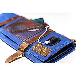 Chef Knife Roll Bag Waxed Cavas Genuine Leather USB | Amazing Gift for Tech Savvy Executive Chefs & Culinary Students (Blue) Culinary graduation gift | JOZ Creations LLC knife bag USB port blue