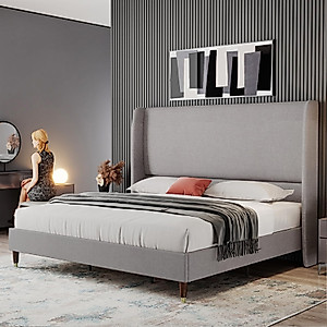 PaPaJet Queen Platform Bed Frame 51.2" High Headboard Linen Tall Upholstered Bed/No Box Spring Required/Wood Slat Support/Easy Assembly Light Grey
