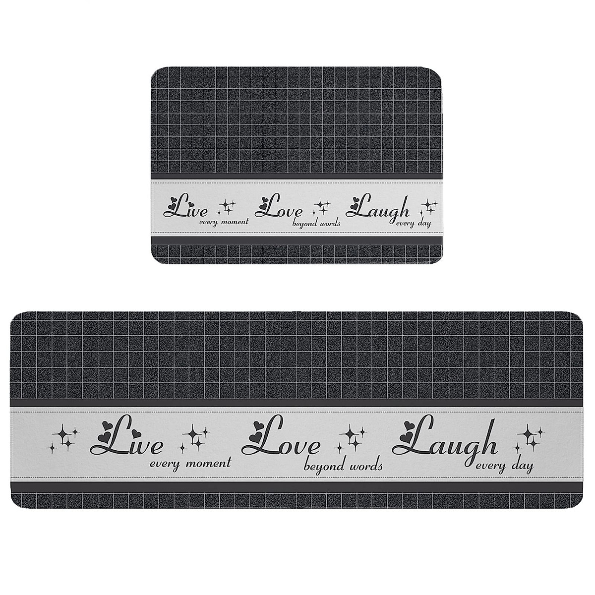 Kitchen Mat Rug Set of 2 Live Love Laugh Retro Gray Plaid Runner Rug Anti-Fatigue Comfort Memory Foam Standing Mat Non-Slip Floor Door Mat for Bathroom 18x30in+18x48in