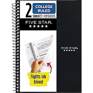 Five Star Small Spiral Notebook, 2 Subject, College Ruled Paper, 9-1/2" x 6", 100 Sheets, Black (72285)