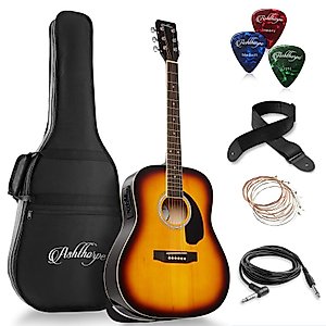 Ashthorpe Full-Size Dreadnought Acoustic-Electric Guitar Bundle - Premium Tonewoods - Sunburst