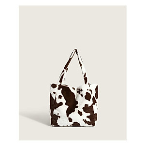 Fluffy Cow Printed Tote Bag Y2K Fuzzy Shoulder Bag Plush Aesthetic Purse Underarm Bag for Autumn Winter (Brown)