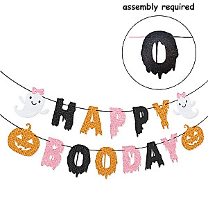 Orange Pink and Black Happy Boo Day Banner Happy Boo Day Cake Topper for Pink and Black Girl Halloween Birthday Party Girl Spooky Birthday Decorations