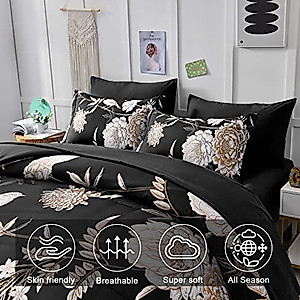 Black Floral Comforter Set Queen Size 7 Pieces Bed in a Bag, Flower and Birds Printed on Black Bedding Set Botanical Pattern Comforter and Sheet Set,Soft Microfiber Complete Bedding for All Season