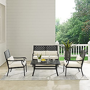 Crosley Furniture Alistair 4-Piece Outdoor Loveseat Patio Furniture Set, Conversation Sets for Porch, Deck, Matte Black with Creme Cushions