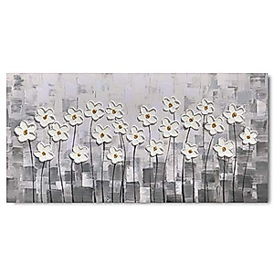 Yihui Arts Canvas Wall Art Grey and White Flowers Pictures Blossom Modern Floral Pallet Knife Painting Framed for Bedroom Kitchen Dinning Room Living Room Office Home Decor