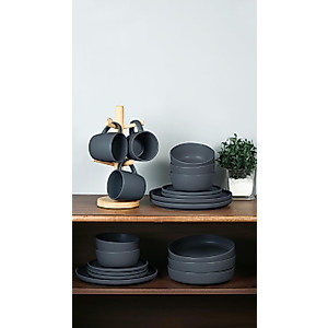 Famiware Dawn Plates and Bowls Sets, 12 Pieces Stoneware Dinnerware Sets, Dishes Set for 4, Microwave and Dishwasher Safe, Charcoal