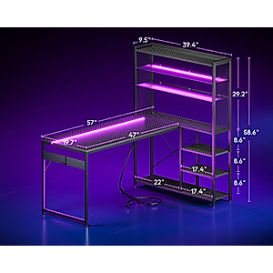 MOTPK L Shaped Gaming Desk, Reversible Computer Desk with Power Outlet, Gaming Table with LED Lights, L Shaped Desk with Glass Display Storage Shelves, Glass Desk Office Desk