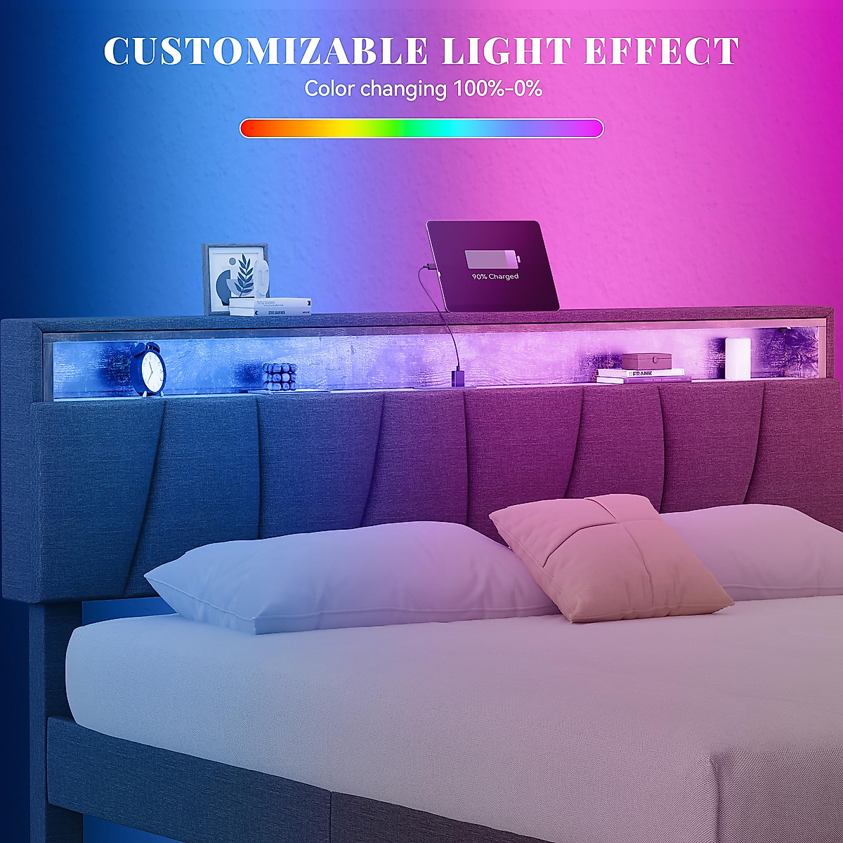 YITAHOME Queen Size Bed Frame, LED Bed Frame with Storage Bookcase Headboard, Upholstered Platform Bed with Charging Station, No Box Spring Needed, Easy Assembly, Grey