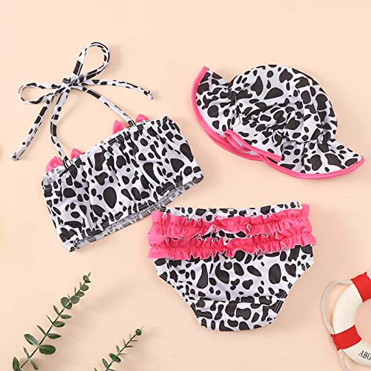 Toddler Baby Girls Swimsuit Bikini Sets Halter Sleeveless Crop Tube Top Ruffle Shorts Sun Hat 3Pcs Bathing Suit (Black Cow Print, 12-18 Months)
