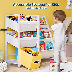 Kids Bookshelf Toy Storage Organizer - Book Shelf for Kids Rooms, 6 Toy Bins for Kids Organizer and 3 Sling Kids Bookcase, Toddler Baby Montessori Nursery Bookshelf Childrens Book Rack Display