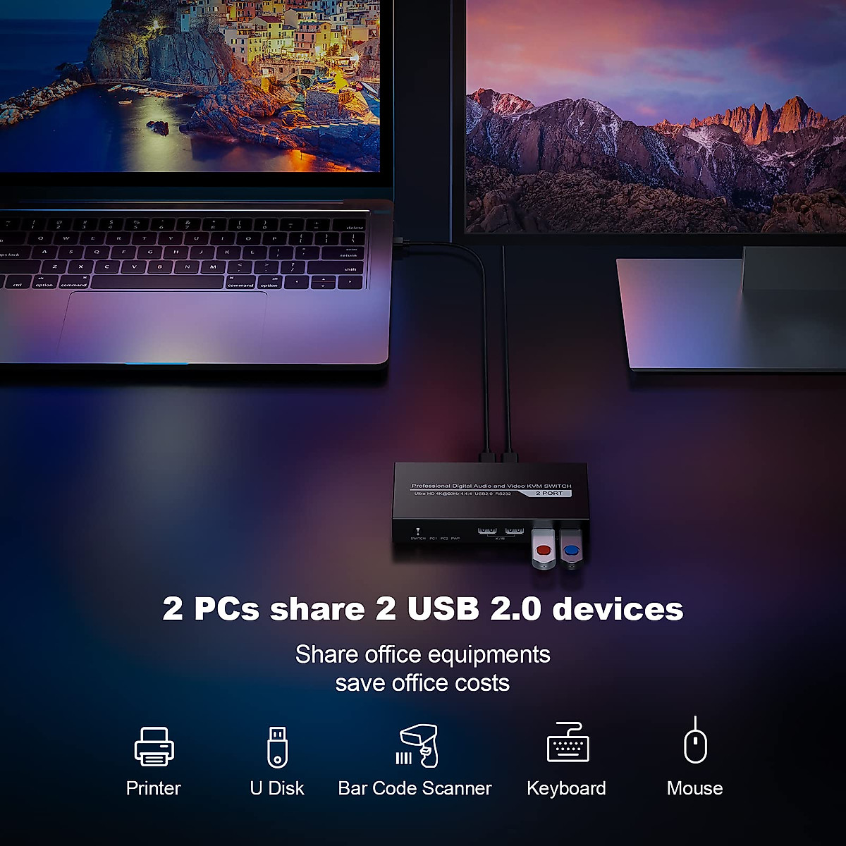 KVM Switch HDMI 2 Port, JCHICI 4K@60Hz USB KVM Switch for 2 Computers Share 1 HD Monitor and a Set of Keyboard Mouse Printer U Disk
