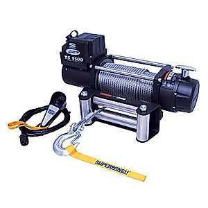 Superwinch 1595200 Tiger Shark 9500 12V DC Winch 9,500lb/4,309kg Single Line Pull with Roller Fairlead, 21/64" x 95' Steel Wire Rope, Corded Handheld Remote