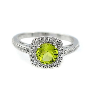 Natural Yellow Peridot 7 MM Round Cut August Birthstone Gemstone 925 Sterling Silver Solitaire Unisex Proposal Ring For Wedding Gift (Rhodium Plated Silver, 6.5)