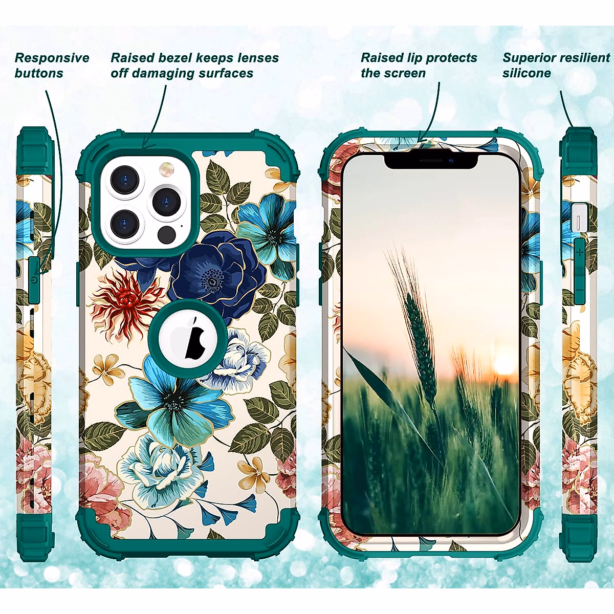 Hocase for iPhone 13 Pro Max Case, Heavy Duty Shockproof Protection Soft Silicone Rubber Bumper+Hard Plastic Hybrid Protective Case for iPhone 13 Pro Max (6.7") 2021 - Teal Flowers