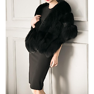 UMREN Women's Luxury Party Faux Fox Fur Long Shawl Cloak Cape for Winter Black A