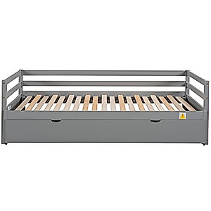 KLMM Extendable Daybed with Trundle, Twin or Double Twin Foldable Daybed, Solid Wood Sofa Bed Designed for Bedroom/Living Room/Apartment/Hotel (Gray_Simple)