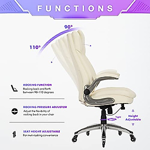 COLAMY High Back Office Chair, Ergonomic Executive Chair with Padded Flip-up Arms, Adjustable Tilt Lock, Computer Desk Chair Swivel Rolling Home Office Chair for Adult Working Study, Ivory