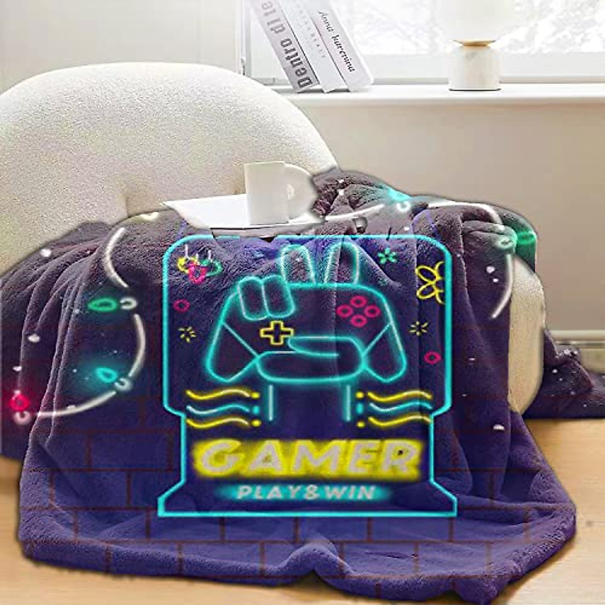 Flannel Gaming Throw Blanket for Boys Girls Teens, Soft Fluffy Video Game Blankets for Kids Teenage Adults, Gamer Fleece Throw Blankets for Beds Bedroom Room Decor Couch 60x50 Inches