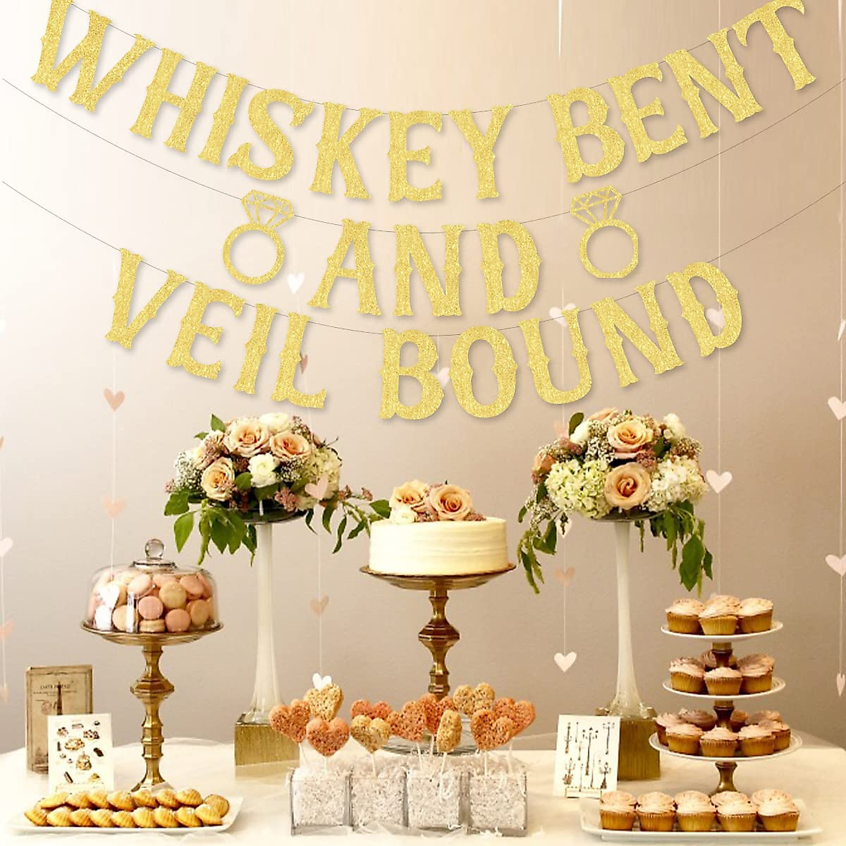 Nashville Bachelorette Party Decorations, Whiskey Bent and Veil Bound Banner Gold for Bridal Shower Engagement Party Supplies