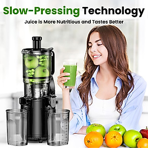Cold Press Juicer, Amumu Slow Masticating Machines with 5.4" Extra Large Feed Chute Fit Whole Fruits & Vegetables Easy Clean Self Feeding Effortless for Batch Juicing, High Juice Yield, BPA Free 250W