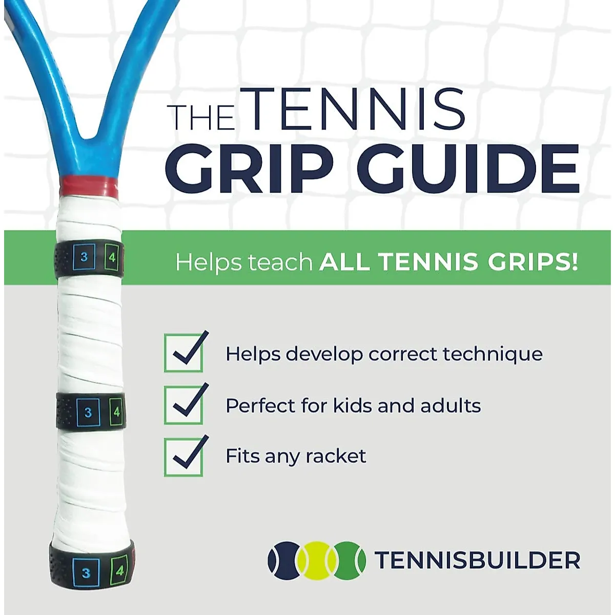 The Tennis Grip Guide by Tennisbuilder | Designed for Adults and Kids Tennis Racket | from Advanced to Beginner Tennis Players (Large, 3 Pack)
