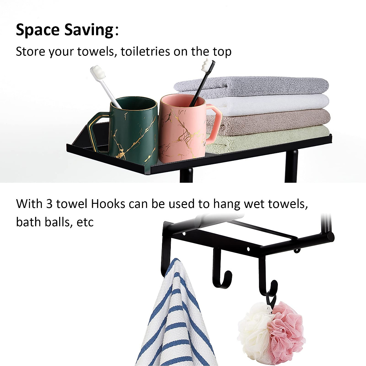 Towel Racks for Bathroom Wall Mounted, Wall Towel Rack for Rolled Towels, Bathroom Wall Organizers and Towel Storage, With Metal Shelf and 3 Hooks for Small Bathroom, Camper, RV Storage, Black