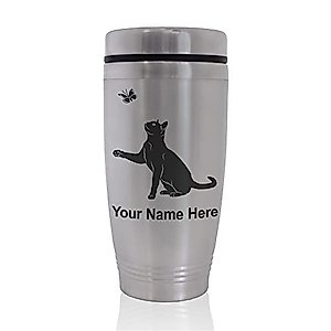 SkunkWerkz Commuter Travel Mug, Cat with Butterfly, Personalized Engraving Included