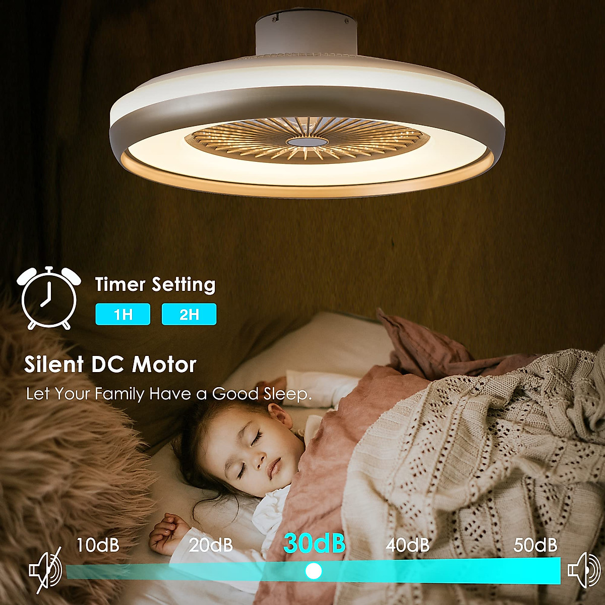 HUMHOLD 24" Low Profile Ceiling Fan with 3-Dimmable Light, Flush Mount Ceiling Fan Lighting Remote & APP Control, 6 Speeds Timing Reversible Blades, Smart Enclosed Ceiling Fan for Bedroom Gold