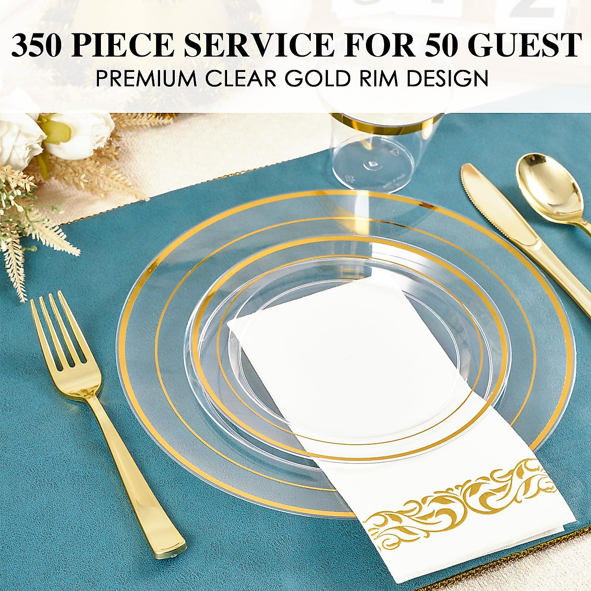 FOCUSLINE 350 Clear Gold Dinnerware Set for 50 Guests, Clear Plastic Plates with Gold Rim Disposable Heavy Duty, Including 50 Dinner Plates, 50 Dessert Plates, 50 Napkins, 50 Cups, 50 Silverware Set