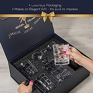 Whiskey Decanter Set with Glasses Regal Trunk & Co, 4 Square Engraved Tumblers Whisky Decanter & Glass Set, Crystal Decanter Set Bourbon and Scotch, Gift Box and with Liquor Glass Polishing Cloth