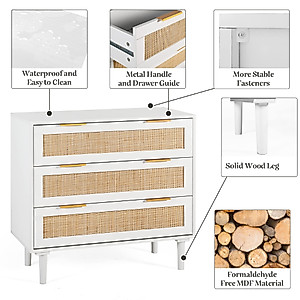 HOPUBUY 3 Drawer Dresser for Bedroom, Rattan Dresser Modern Closet Dressers Chest of Drawers, Wood White 3 Drawer Storage Chest for Kids Bedroom, Hallway, Living Room