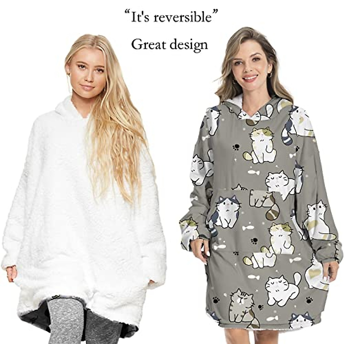 Darrenvan Wearable Blanket Hoodie Oversized Sweatshirt Blanket Adults women men Hooded Sherpa Blanket Giant Pocket reversible clothes Grey cat