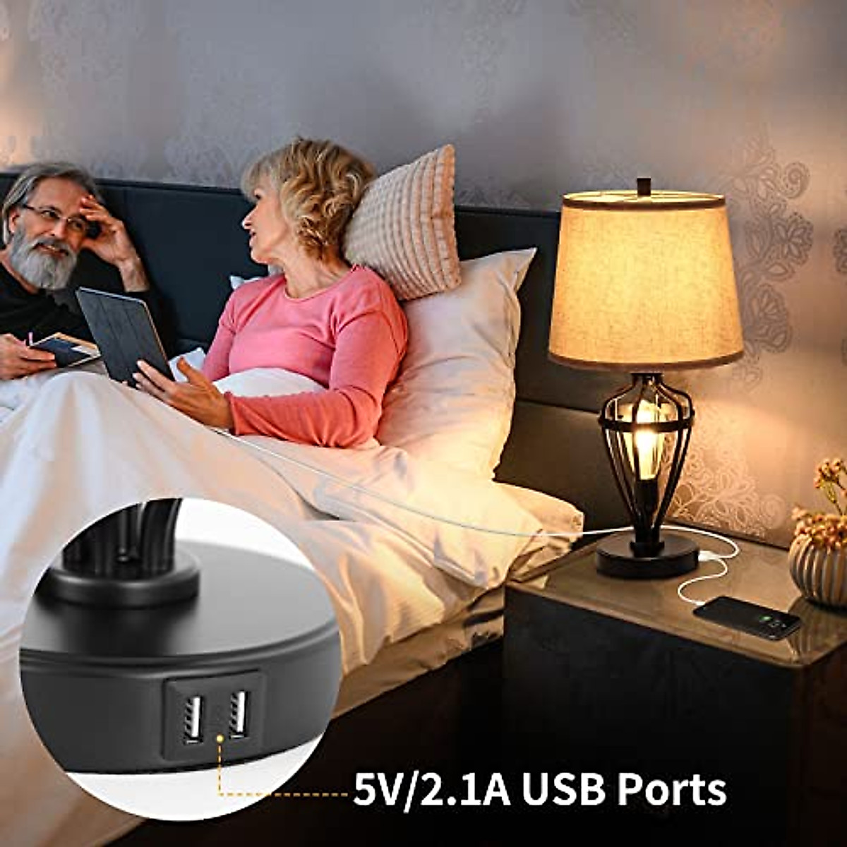 TRLIFE Table Lamps, Set of 2 Fully Dimmable Table Lamps with 2 USB Ports Nightstand Lamps with Fabric Lampshade for Living Room Bedroom(4 Dimmable Bulbs Included)