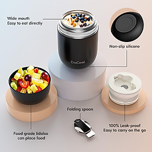 DaCool Insulated Lunch Container Insulated Food Jar 16 oz Stainless Steel Vacuum Bento Hot Lunch Box for Kids with Spoon Leak Proof Hot Cold Food for School Office Picnic Travel Outdoors - Black