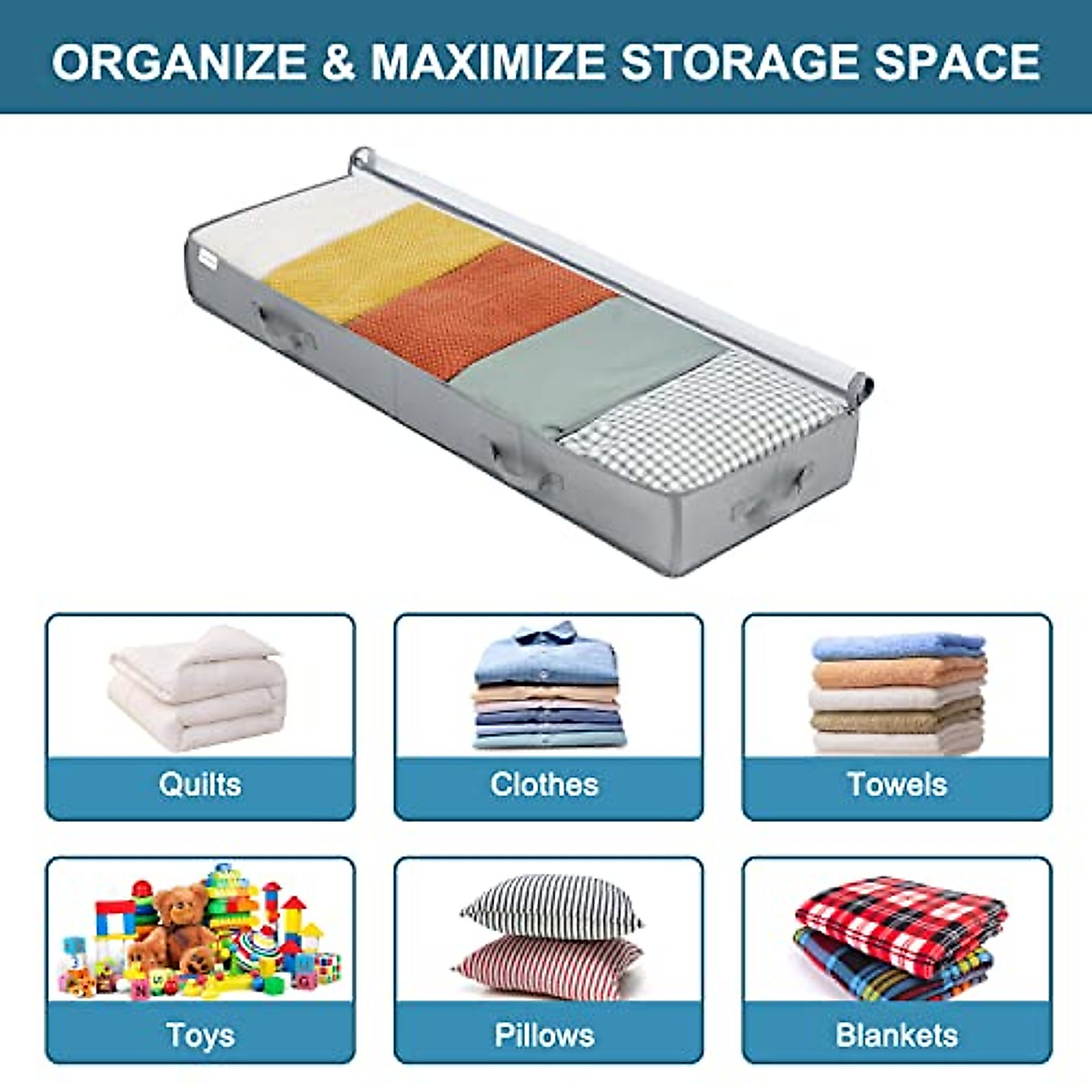 Under Bed Storage Containers, 2 Pack Under the Bed Bags with Dividers, Clear Foldable Underbed Storage Bins, Under Bed Organizer for Clothes Sheet Blankets, Firm Sides, Bottom Support, 47.5x16x6in