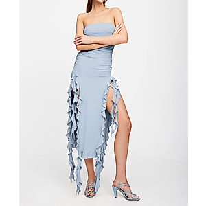 Women Sexy Ruffle Hem Strapless Long Dress Irregular Floral Tassel Split Ruched Bodycon Evening Party Tube Dress(01-Tube Light Blue,M)