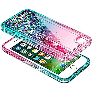 NGB Supremacy Compatible for iPhone 5/5S/iPhone SE (2016 Edition) Case with Tempered Glass Screen Protector, Ring Holder/Wrist Strap, Girls Women Kids Sparkle Glitter Liquid Cute Case (Pink/Aqua)