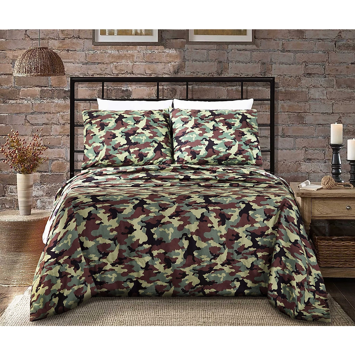 Chezmoi Collection Military Camo 4-Piece Sheet Set - Camouflage Army Green Printed Microfiber Soft Breathable Deep Pocket Sheets and Pillowcases Set, Full Size