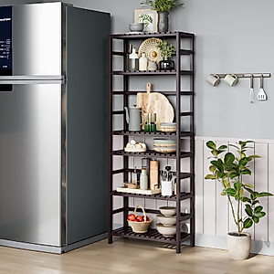 Bamjoy Bamboo Shelf, 6 Tier Bookcase Storage Shelves, Tall Book Rack Shelving Unit, Multipurpose Storage Display Shelf Adjustable Storage Rack for Bathroom Home Office Living Room Kitchen, Dark Brown