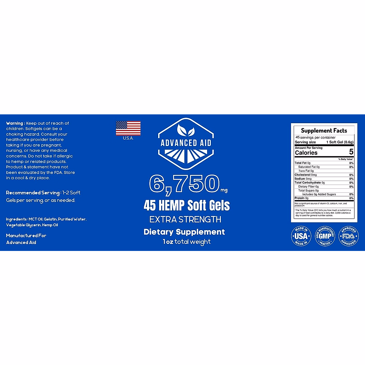 Advanced Aid Natural Premium Organic Hemp Oil 6750mg (150mg per SoftGel ) 45ct Non-GMO Ultra-Pure CO2 Extracted Made in The USA. Read Description