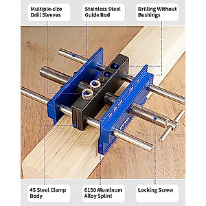 DAYDOOR Wide Capacity Self Centering Doweling Jig Kit, Adjustable Width Dowel Jig for Woodworking, 6.7inch Centering Jig for Straight Holes Biscuit Joiner Set with 6 Bushings and 3 Drill Bits(Blue)