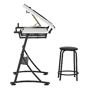 Fusion Drafting Table with Stool, Height Adjustable Desk with Tilt Top, Charcoal / White