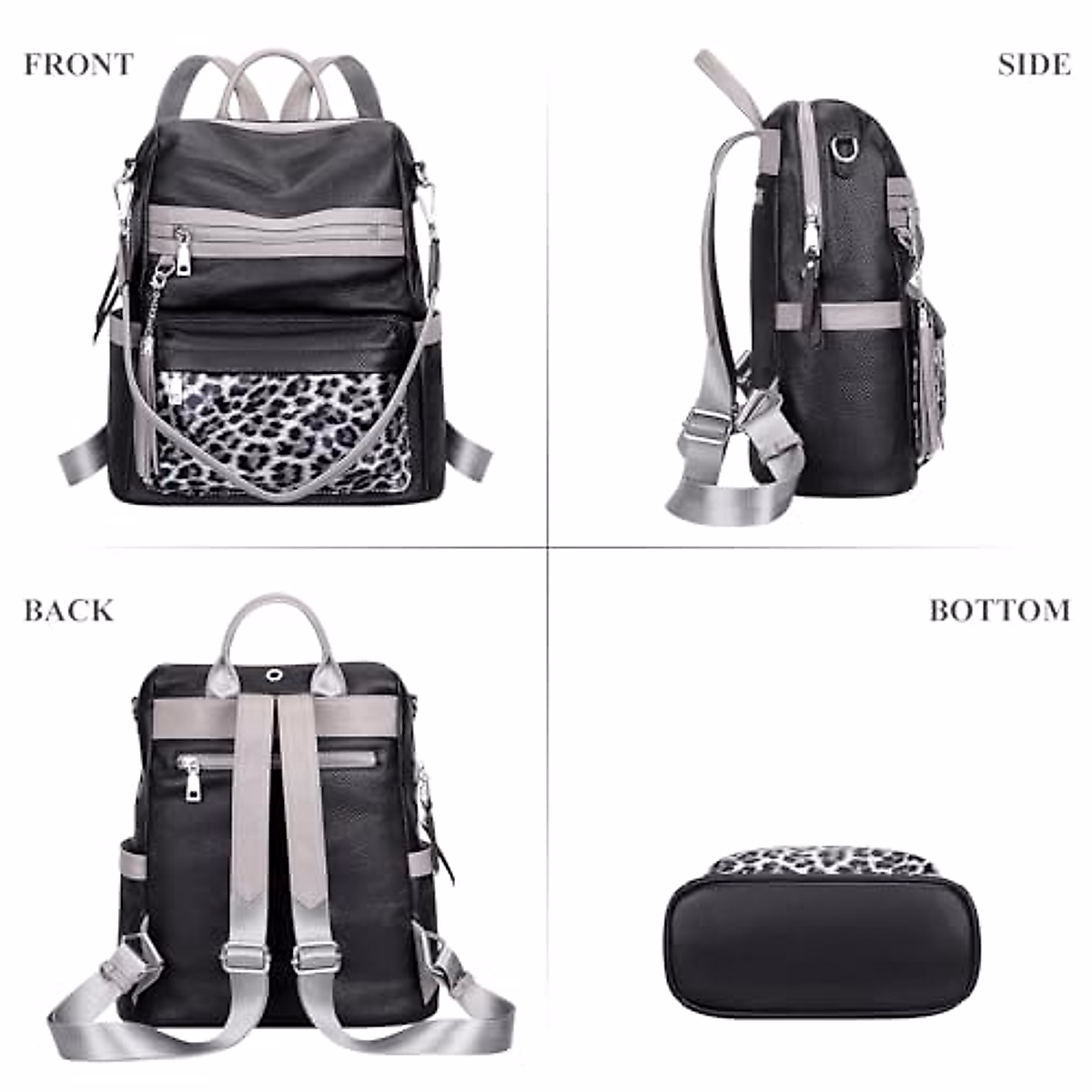 ALTOSY Genuine Leather Backpack Purse for Women Convertible Shoulder bag Soft Crossdody Bag Large Elegant Casual Daypacks(S108 Black/Grey/Silver Leopard)