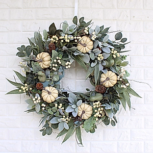 Fall Winter Thanksgiving Front Door Wreath, Winter Wreaths Autumn Flower Harvest Porch Wall Decor Artificial Orange Wreaths Garden Garland Farmhouse Decorations Pinecones Greeen Eucalyptus Foliage