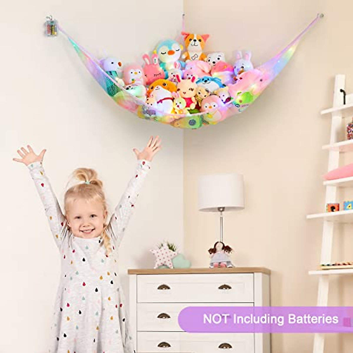 Stuffed Animals Hammock Kids Toy Storage with LED Light Unicorn Castle Plush Toy Organizer Coner Hanging Stuffed Animals Holder For Nursery Kids Girls Room Decor